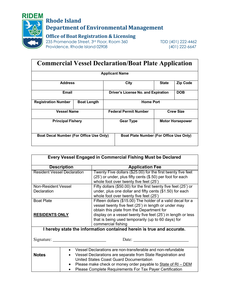 Rhode Island Commercial Vessel Declaration/Boat Plate Application ...