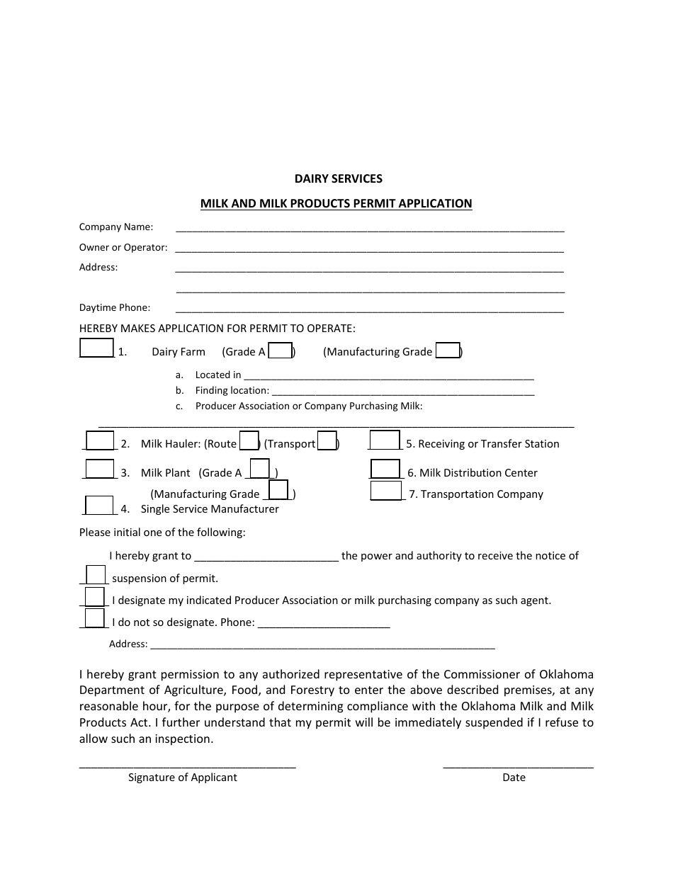 Oklahoma Milk and Milk Products Permit Application - Fill Out, Sign ...