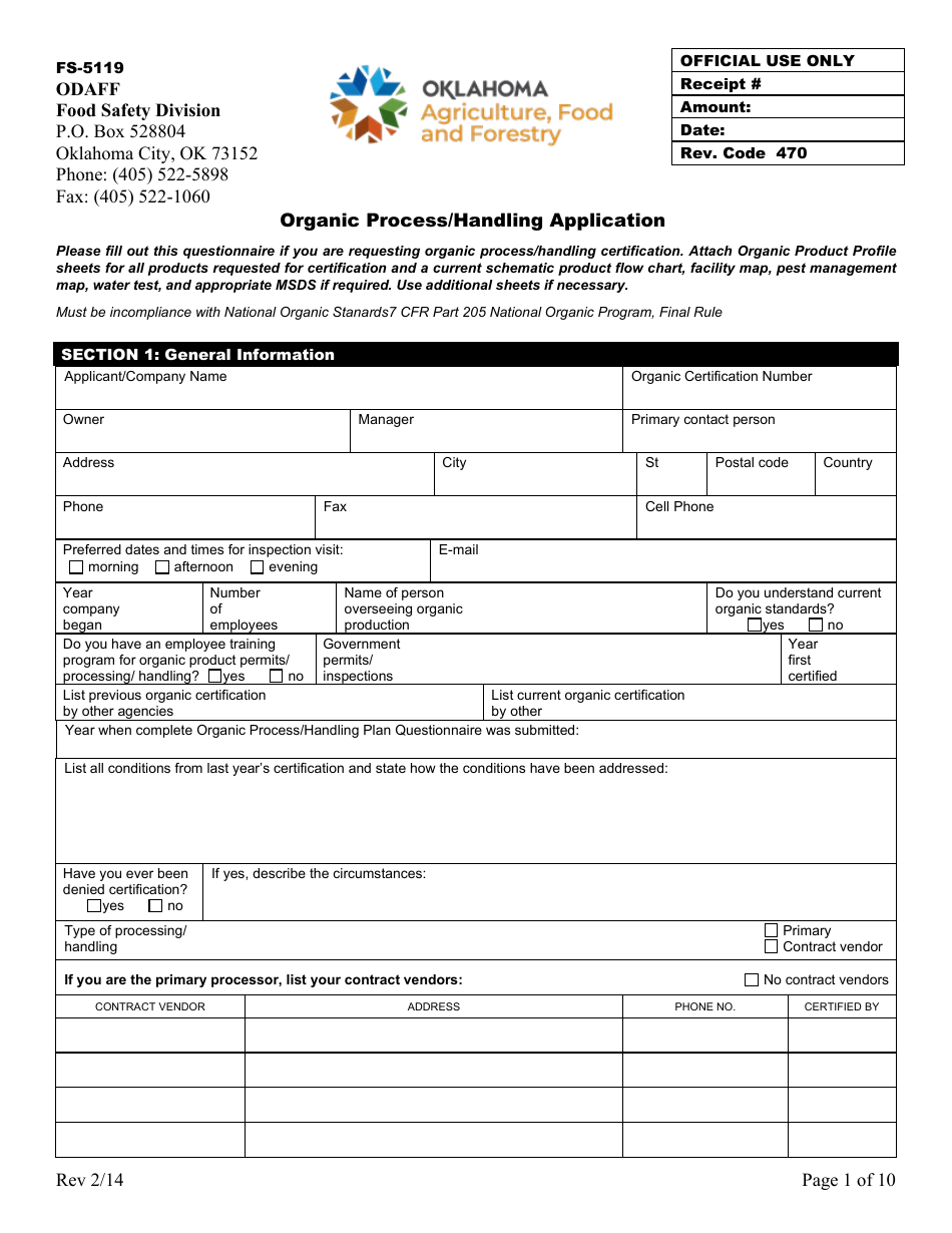 Form FS-5119 Download Fillable PDF or Fill Online Organic Process ...