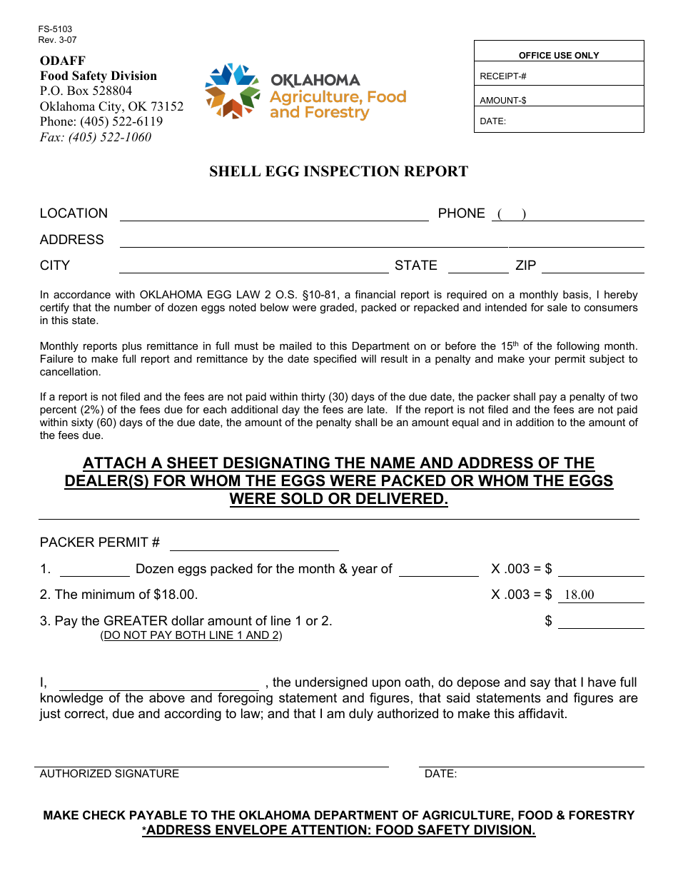 Form FS-5103 Download Fillable PDF or Fill Online Shell Egg Inspection ...