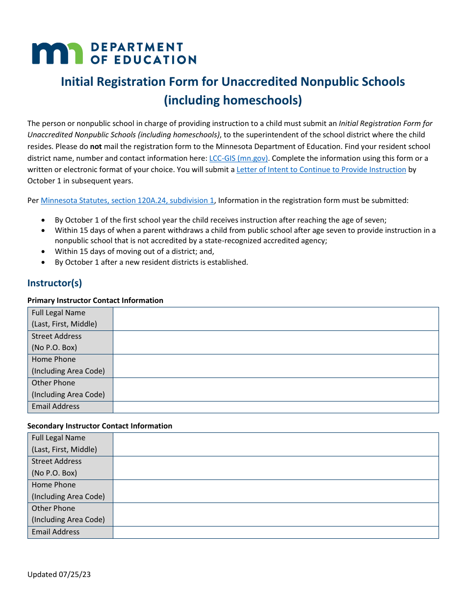 Minnesota Initial Registration Form for Unaccredited Nonpublic Schools ...