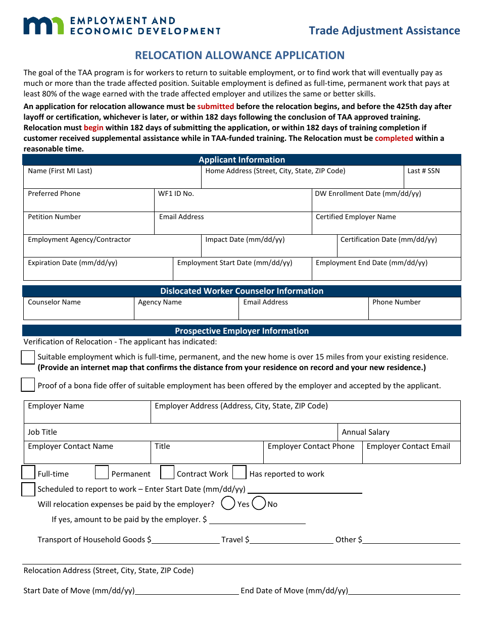 Minnesota Relocation Allowance Application - Trade Adjustment Assistance Download Fillable PDF ...