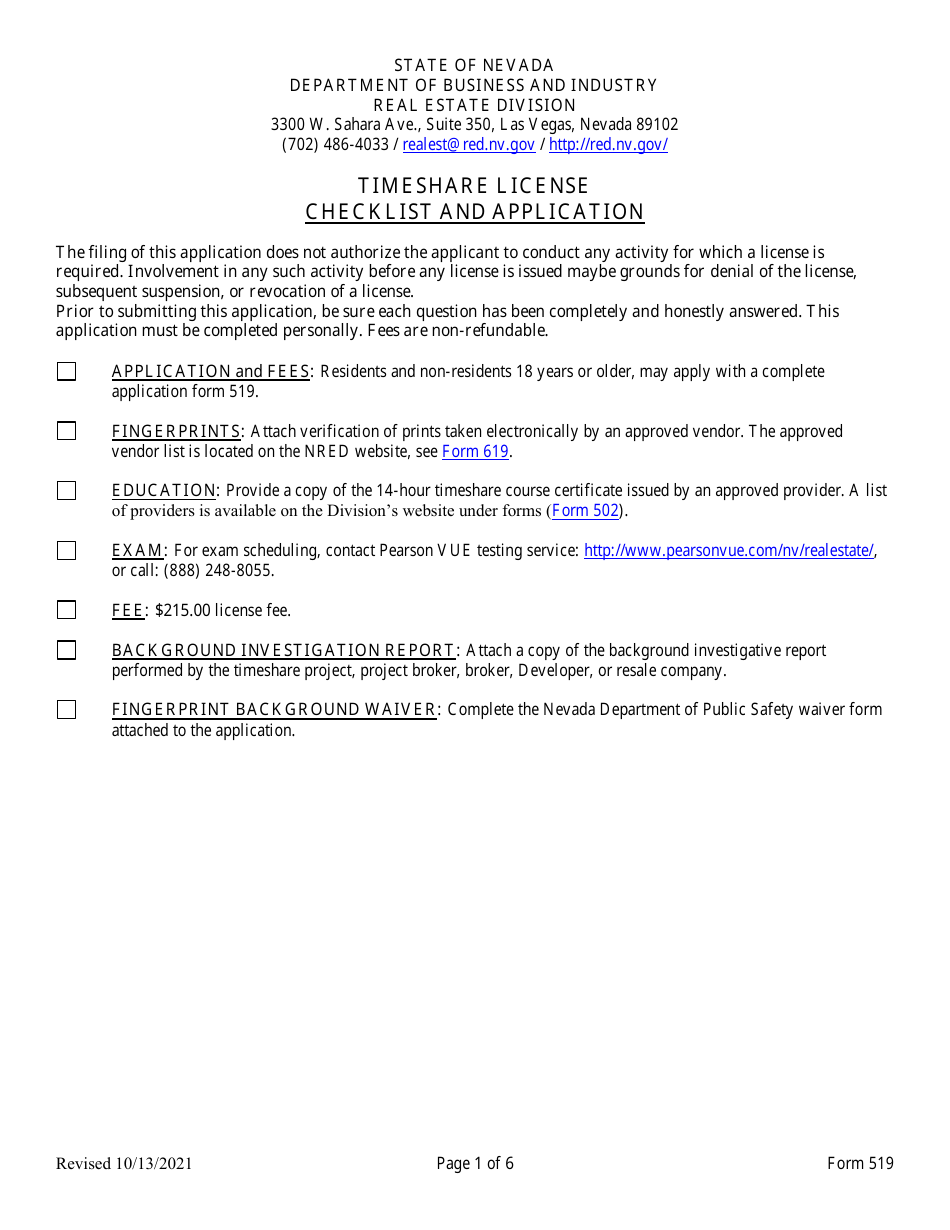 Form 519 - Fill Out, Sign Online and Download Fillable PDF, Nevada ...