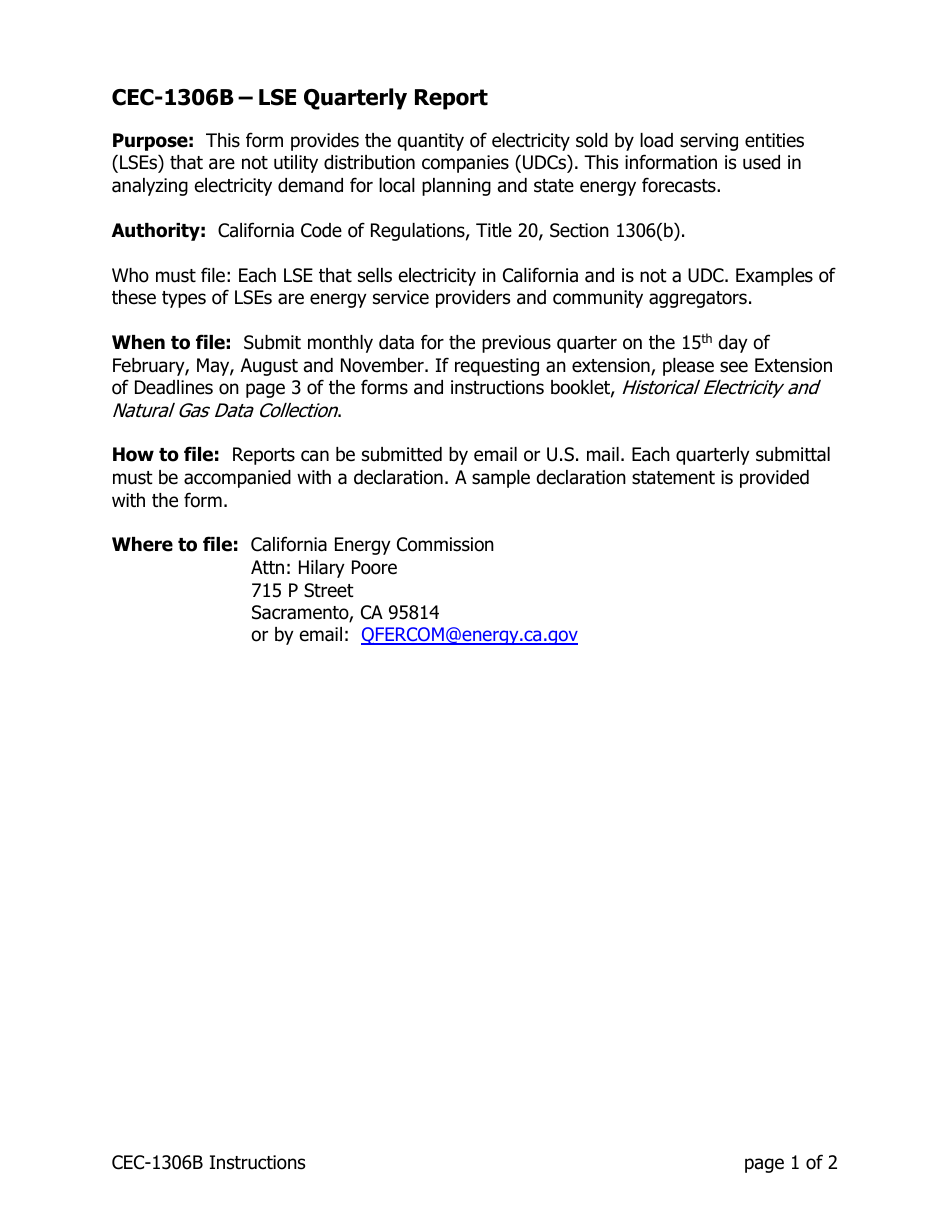 Download Instructions for Form CEC-1306B Lse Quarterly Report PDF ...