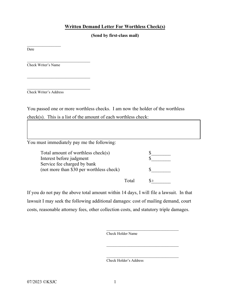 Kansas Written Demand Letter for Worthless Check(S) - Fill Out, Sign ...