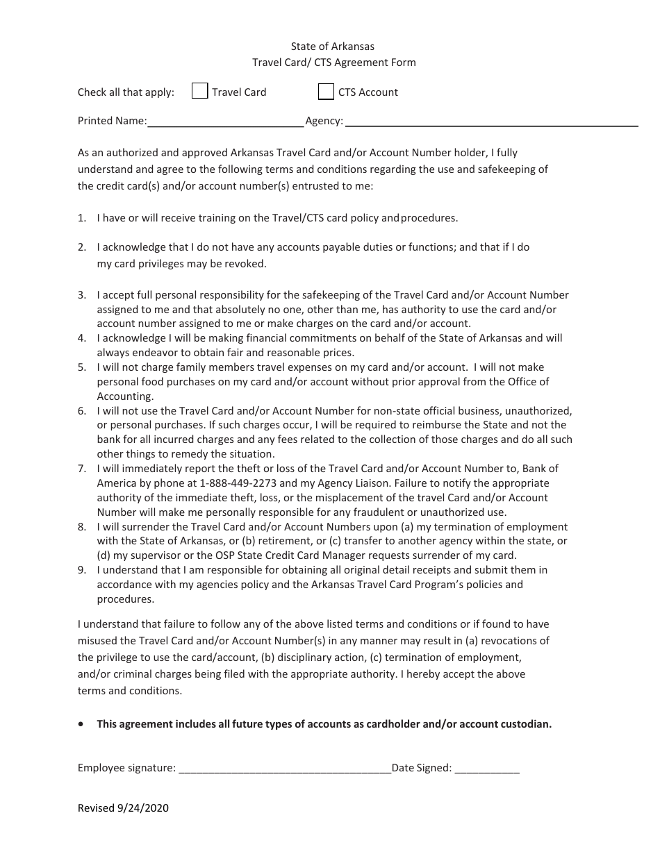 Arkansas Travel Card/Cts Agreement Form - Fill Out, Sign Online and ...