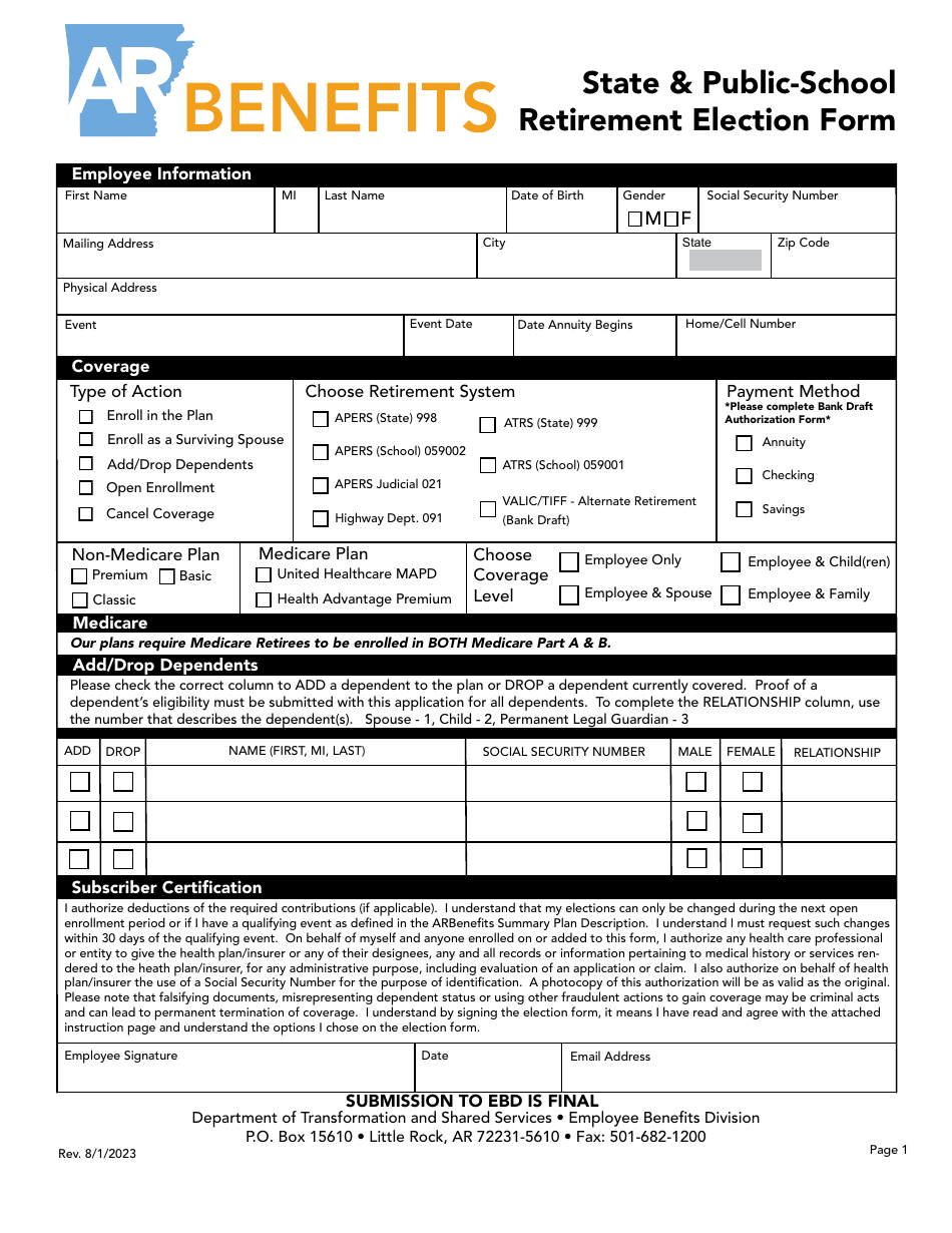 Arkansas State & Public-School Retirement Election Form - Fill Out ...