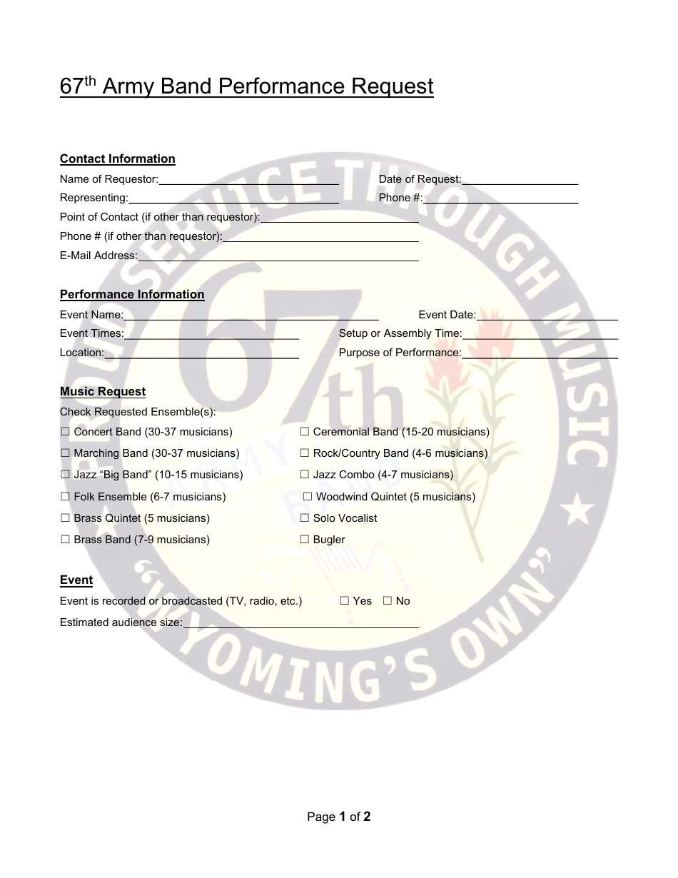 Wyoming 67th Army Band Performance Request - Fill Out, Sign Online and ...