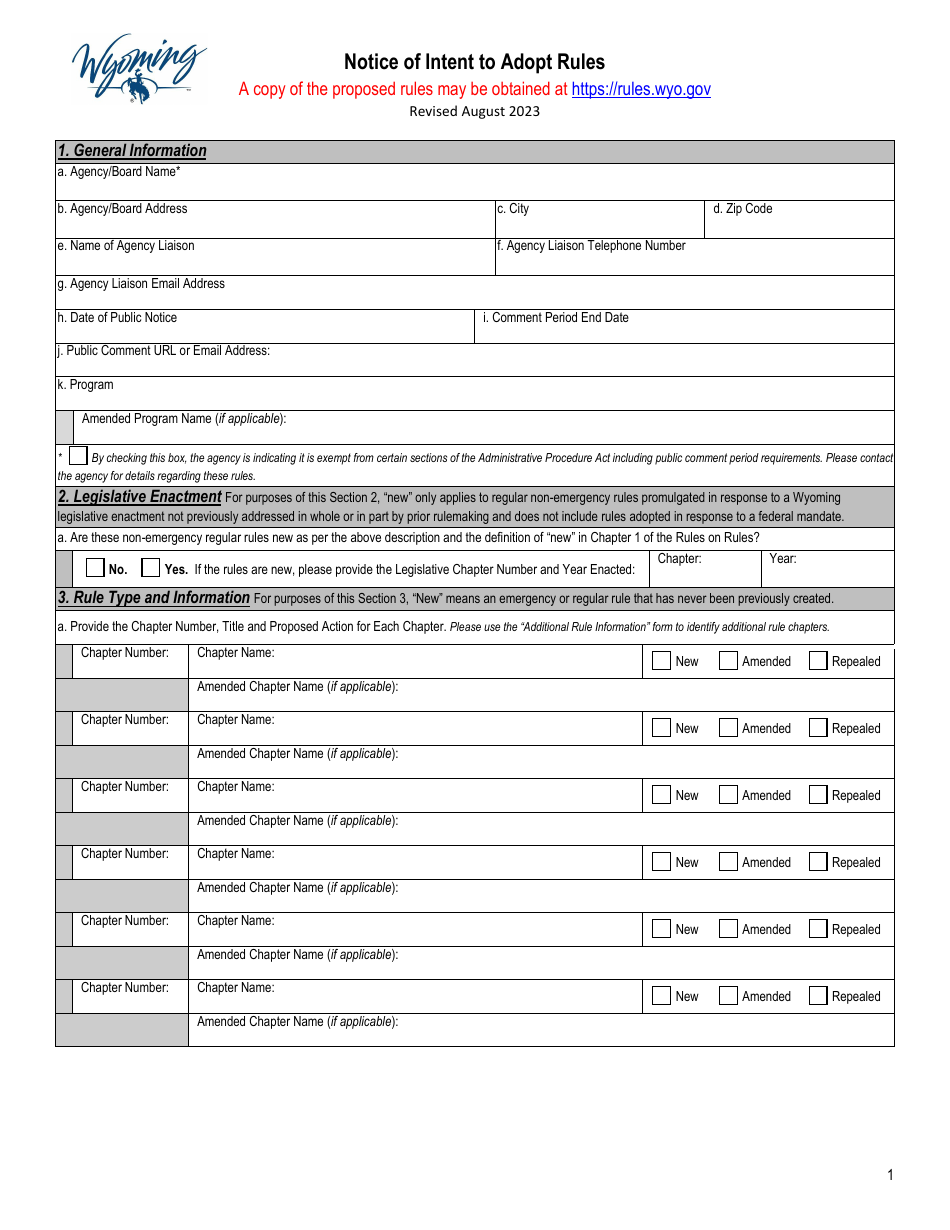 Wyoming Notice of Intent to Adopt Rules Download Fillable PDF ...