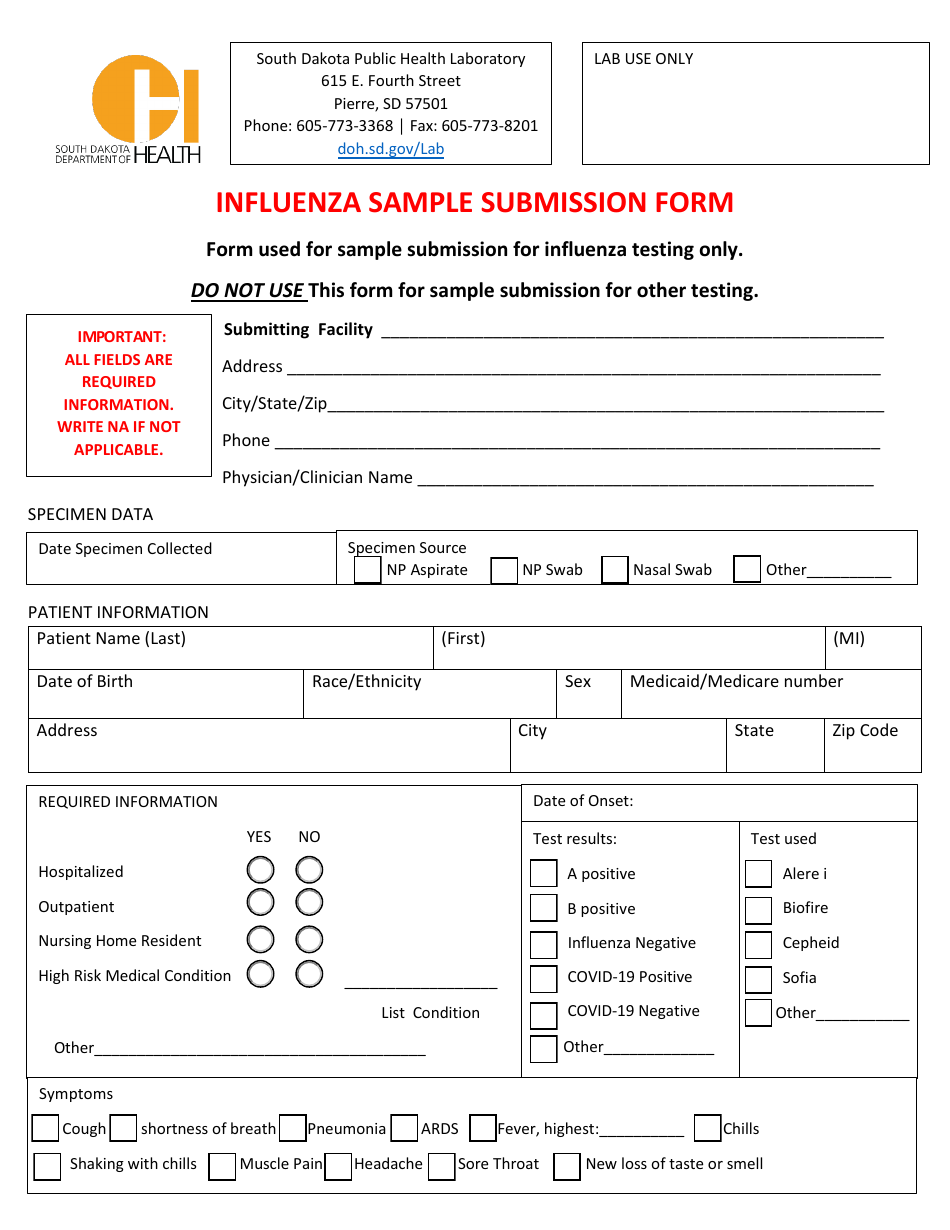 South Dakota Influenza Sample Submission Form - Fill Out, Sign Online and Download PDF ...