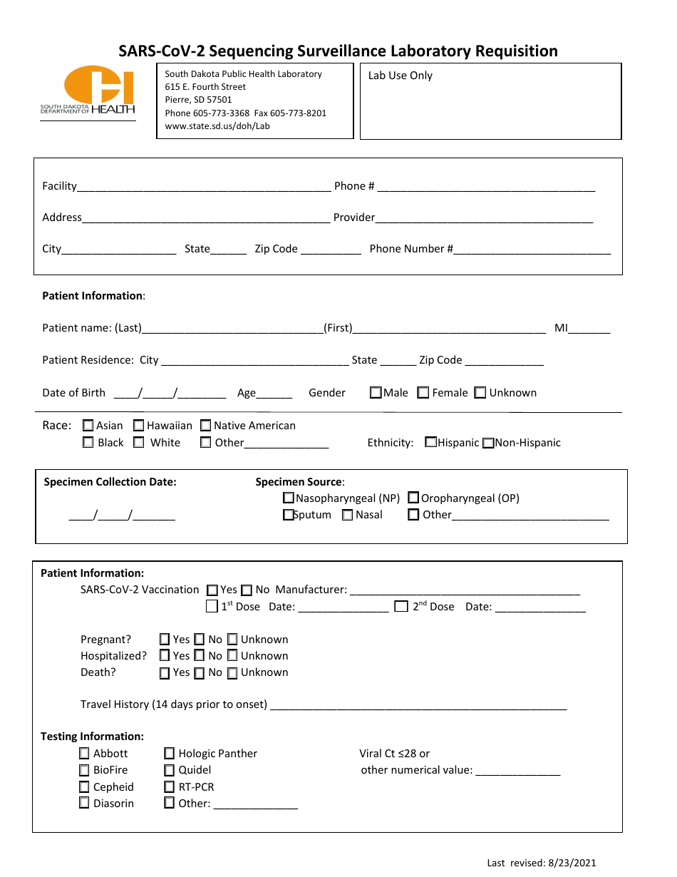 South Dakota Sars-Cov-2 Sequencing Surveillance Laboratory Requisition ...