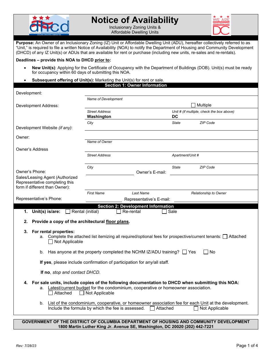 Washington, D.C. Notice of Availability Form - Fill Out, Sign Online ...