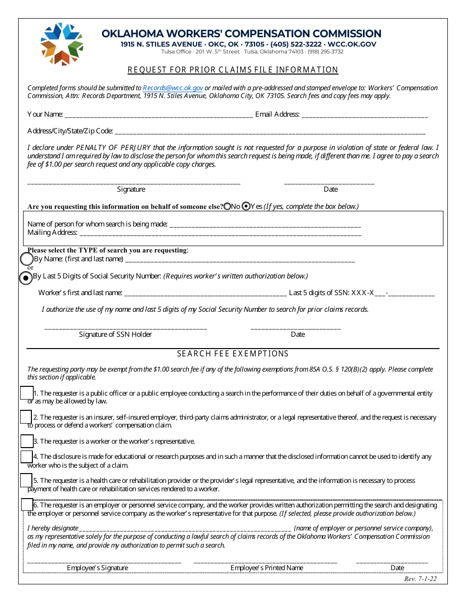 Oklahoma Request for Prior Claims File Information - Fill Out, Sign Online and Download PDF ...