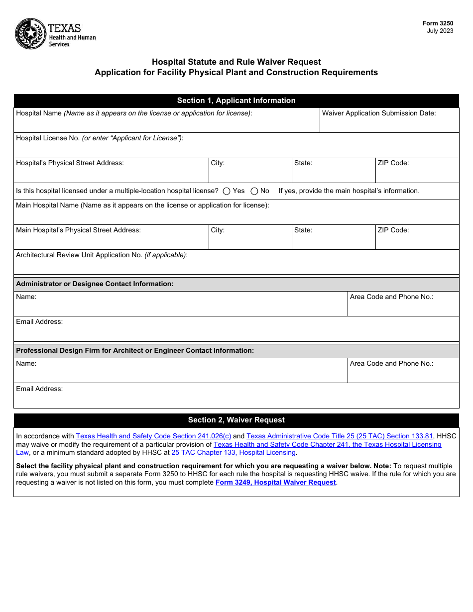 Form 3250 Download Fillable PDF or Fill Online Hospital Statute and Rule Waiver Request ...