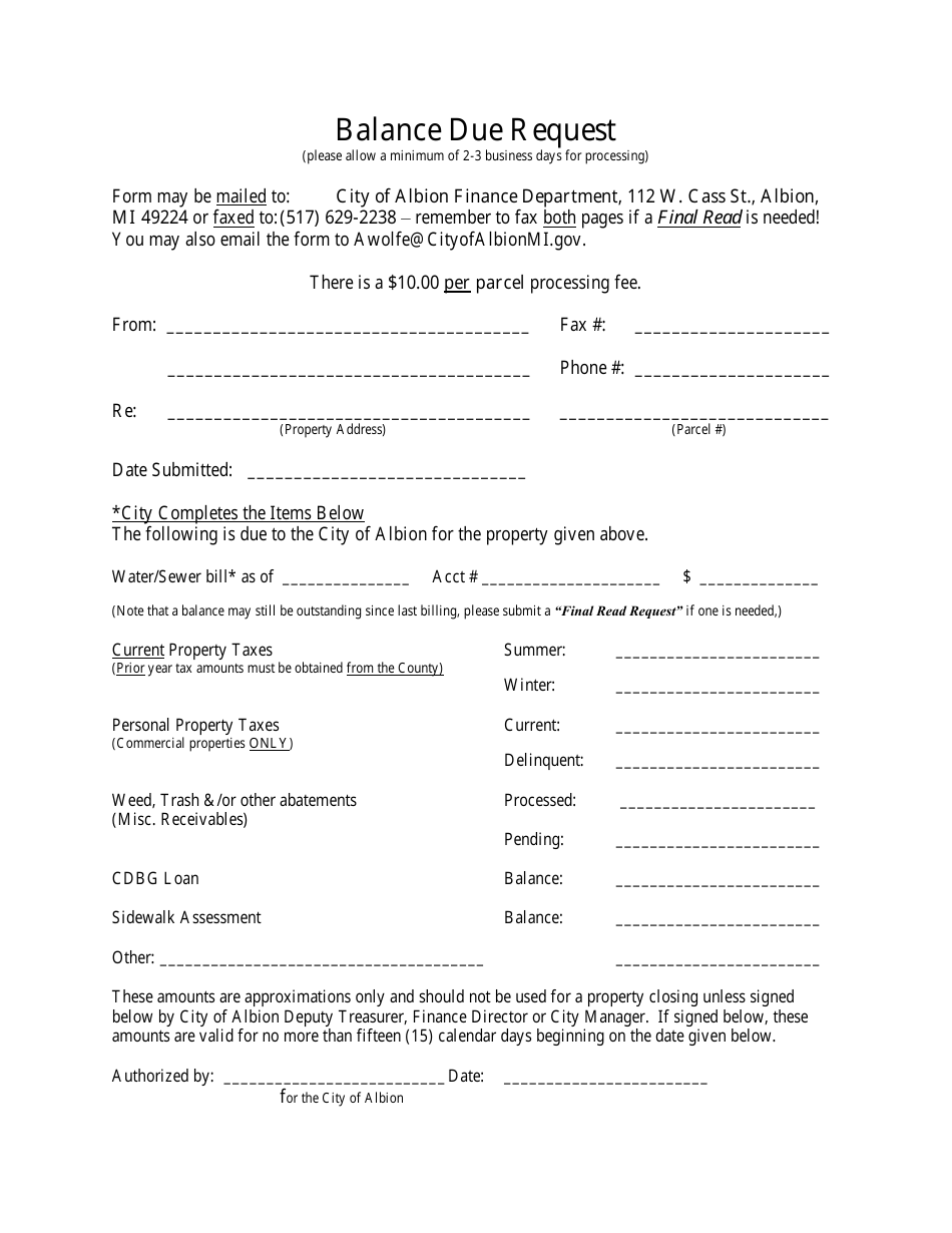 City of Albion, Michigan Balance Due Request - Fill Out, Sign Online ...