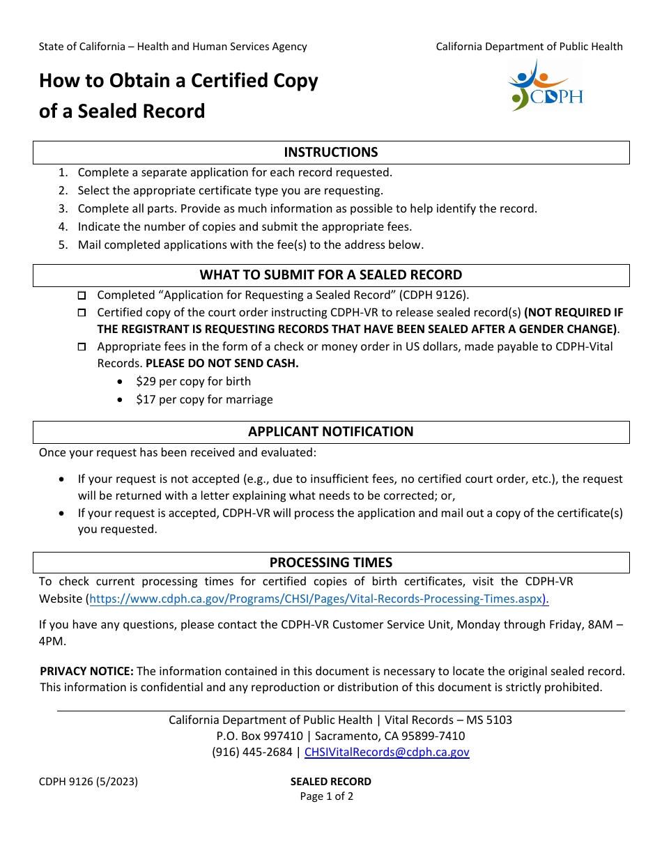 Form CDPH9126 - Fill Out, Sign Online and Download Fillable PDF ...
