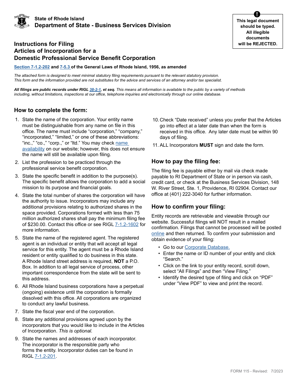 Form 115 Download Fillable PDF or Fill Online Articles of Incorporation ...