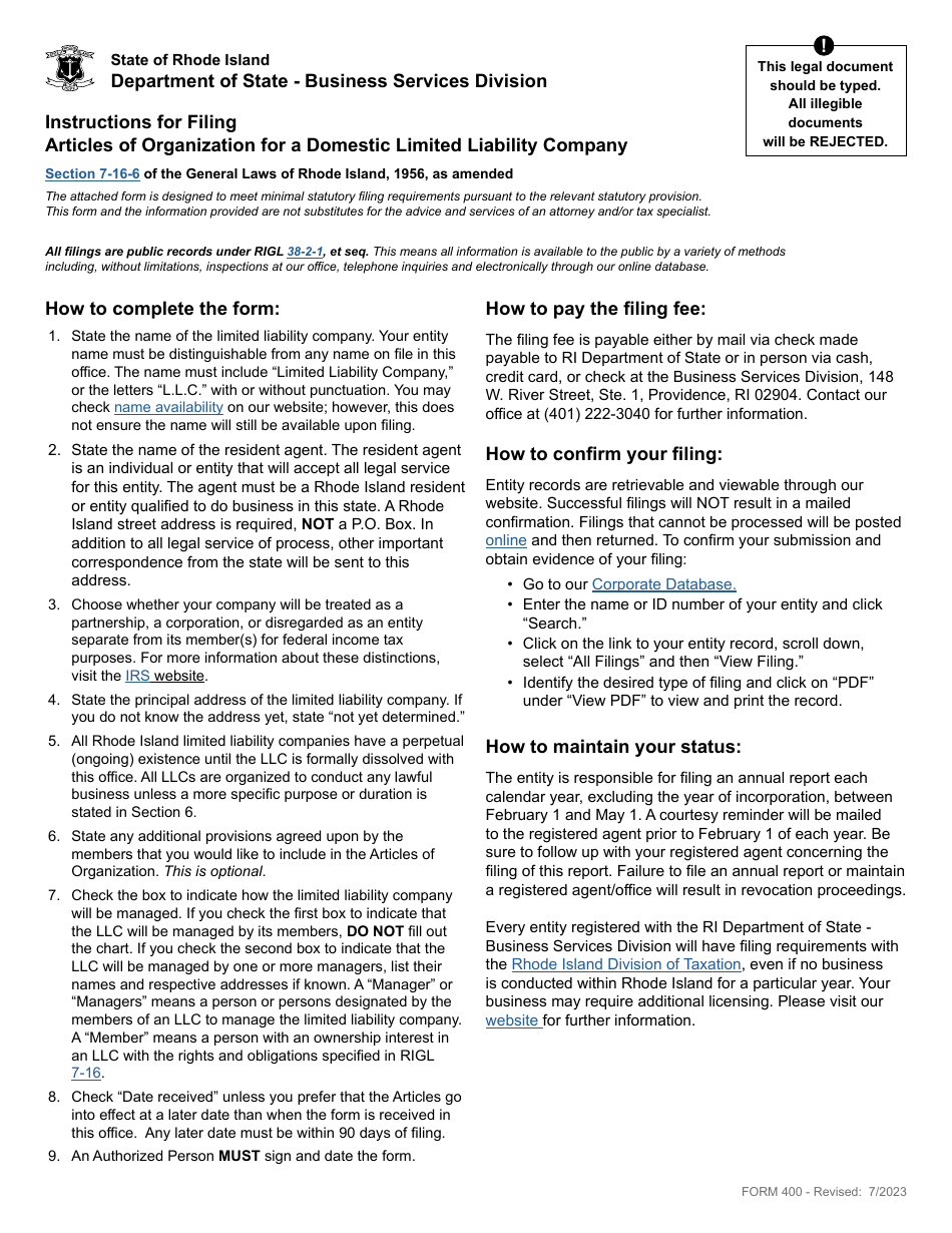 Form 400 Download Fillable PDF or Fill Online Articles of Organization ...