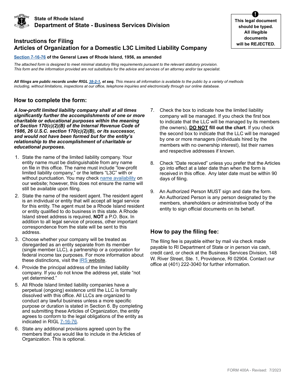 Form 400A - Fill Out, Sign Online and Download Fillable PDF, Rhode ...