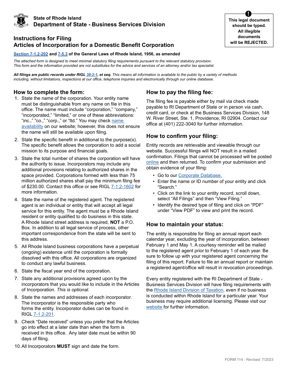 Form 114 Download Fillable PDF or Fill Online Articles of Incorporation ...