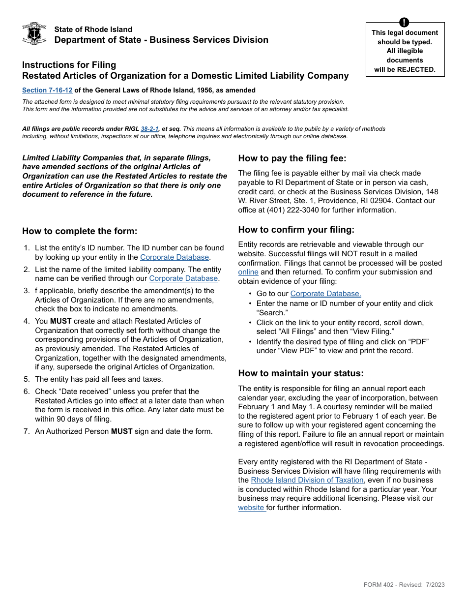 Form 402 Download Fillable PDF or Fill Online Restated Articles of ...