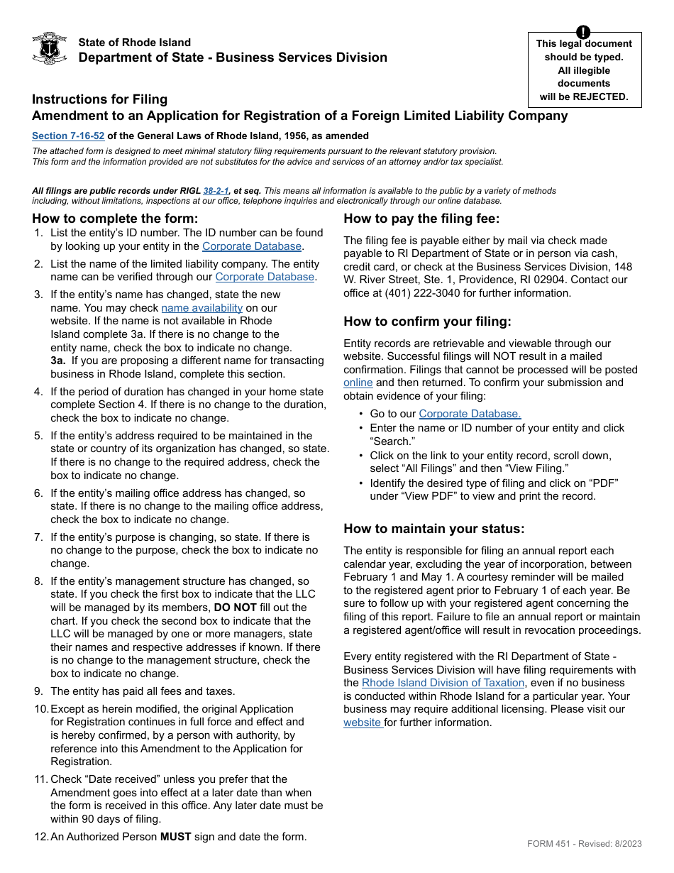 Form 451 Download Fillable PDF or Fill Online Amendment to Application ...
