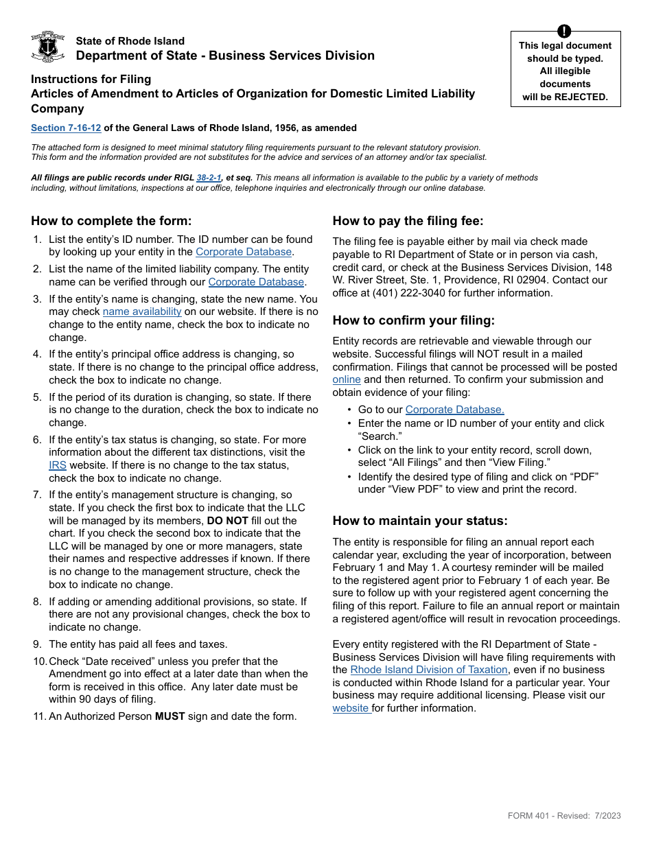 Form 401 Download Fillable PDF or Fill Online Articles of Amendment to ...