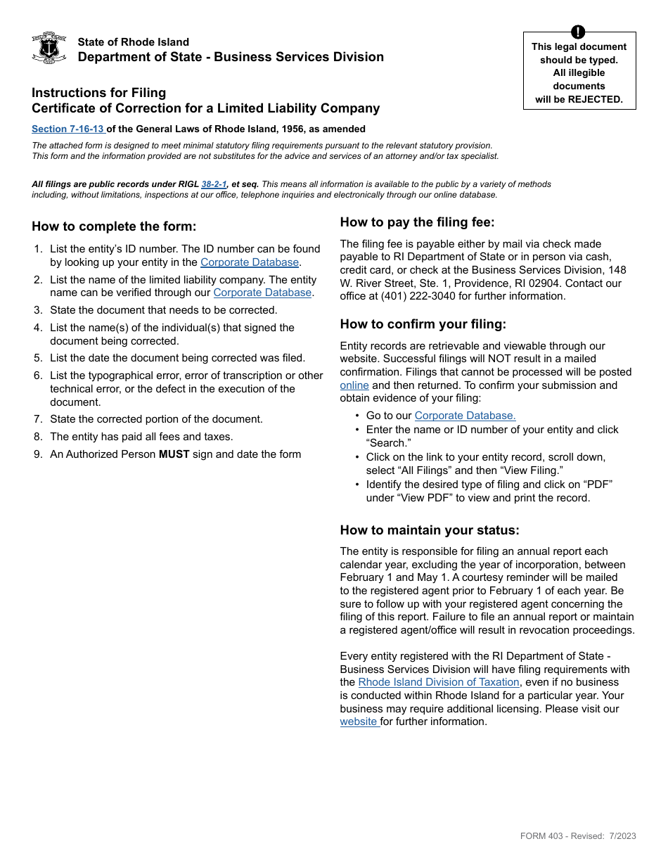 Form 403 Download Fillable PDF or Fill Online Certificate of Correction ...