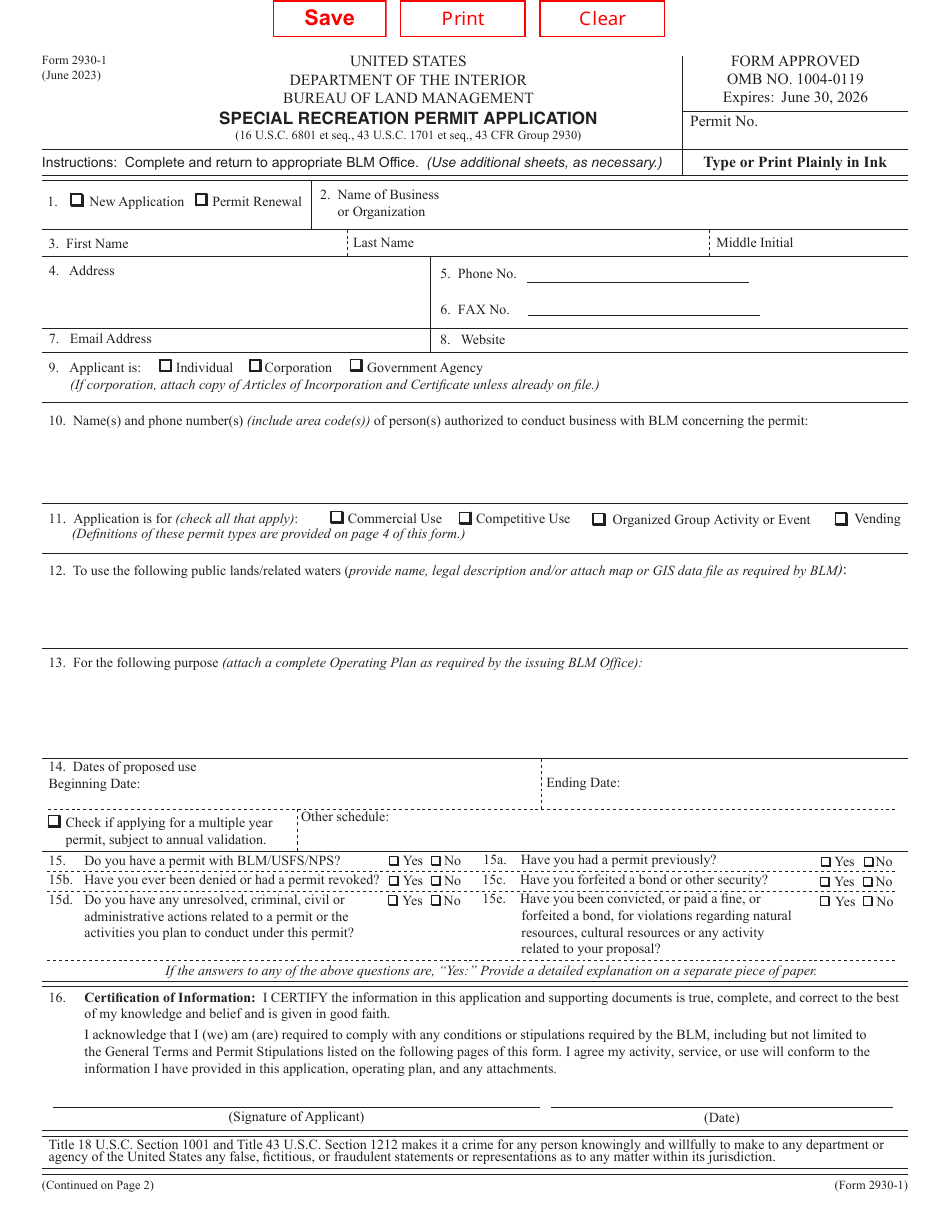 Form 2930-1 Download Fillable PDF or Fill Online Special Recreation ...
