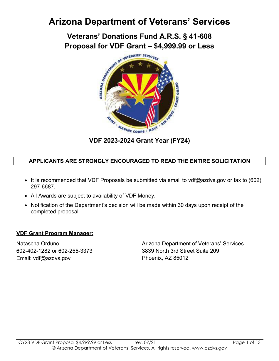 2024 Arizona Proposal for Vdf Grant - $4,999.99 or Less Download ...