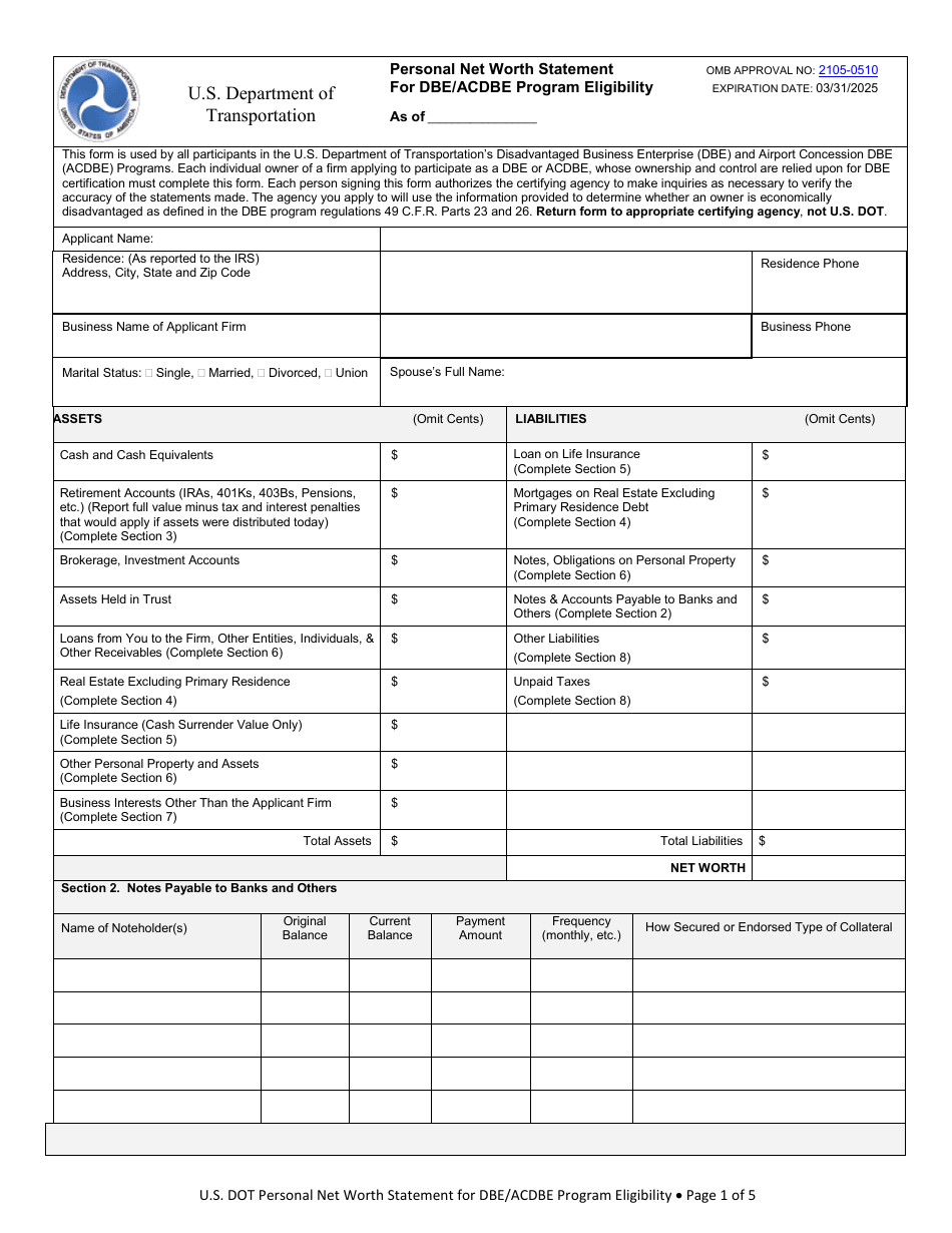Personal Net Worth Statement for Dbe/Acdbe Program Eligibility - Fill ...