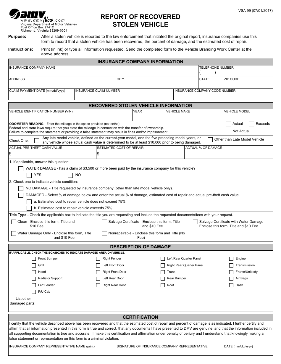 Form VSA99 - Fill Out, Sign Online and Download Fillable PDF, Virginia ...