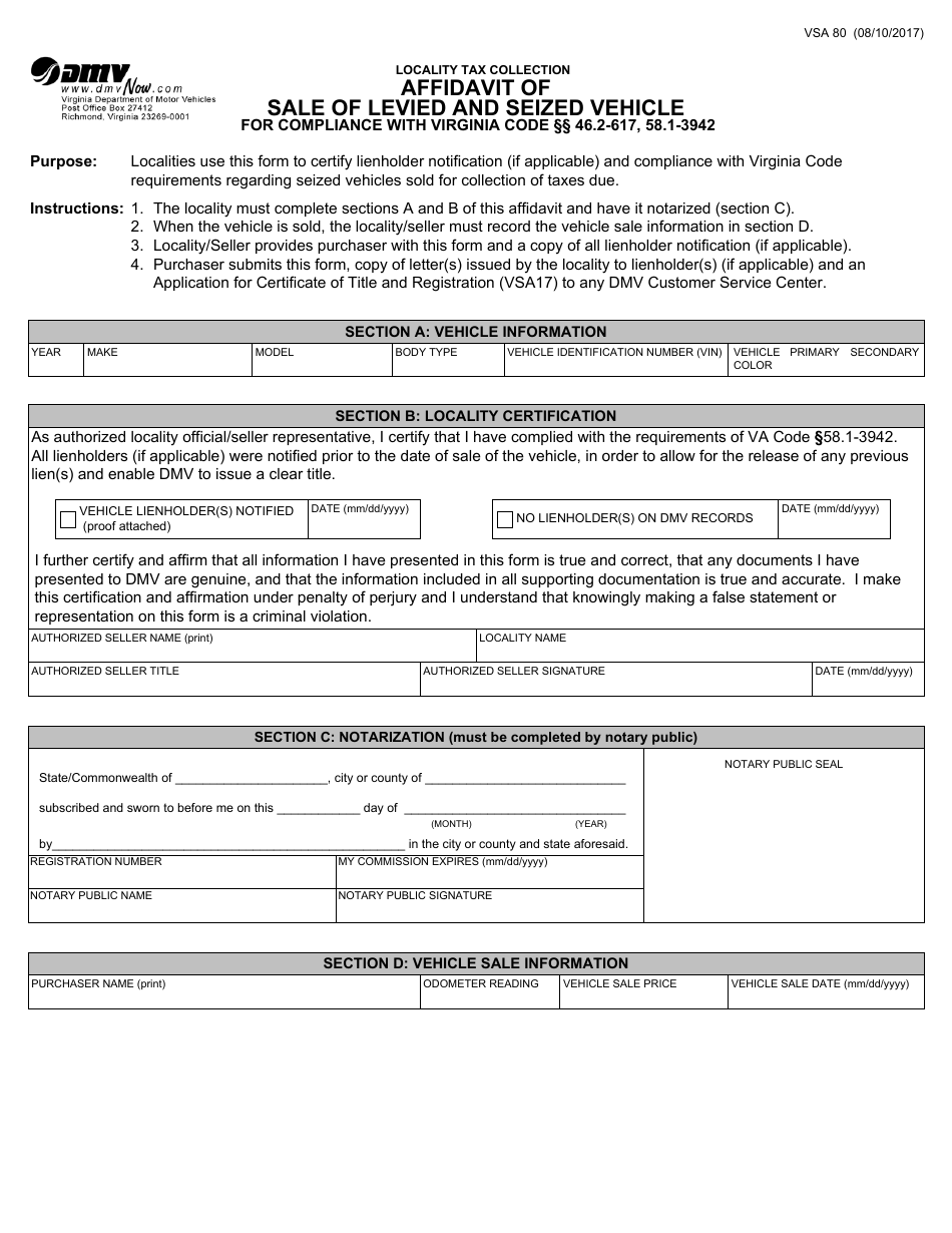 Form VSA80 - Fill Out, Sign Online and Download Fillable PDF, Virginia ...