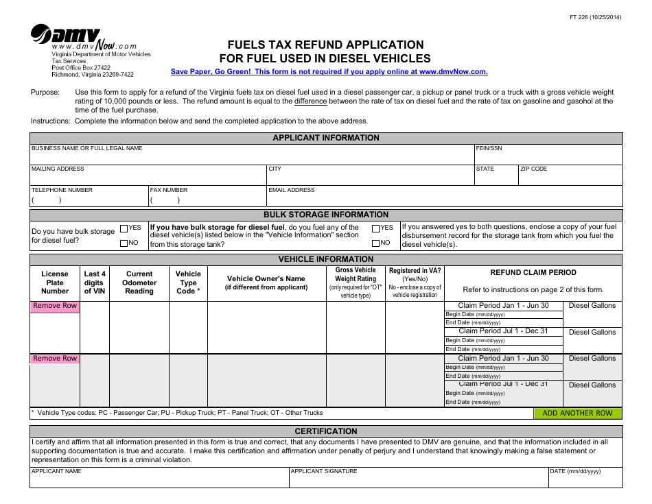 Form FT226 - Fill Out, Sign Online and Download Fillable PDF, Virginia ...