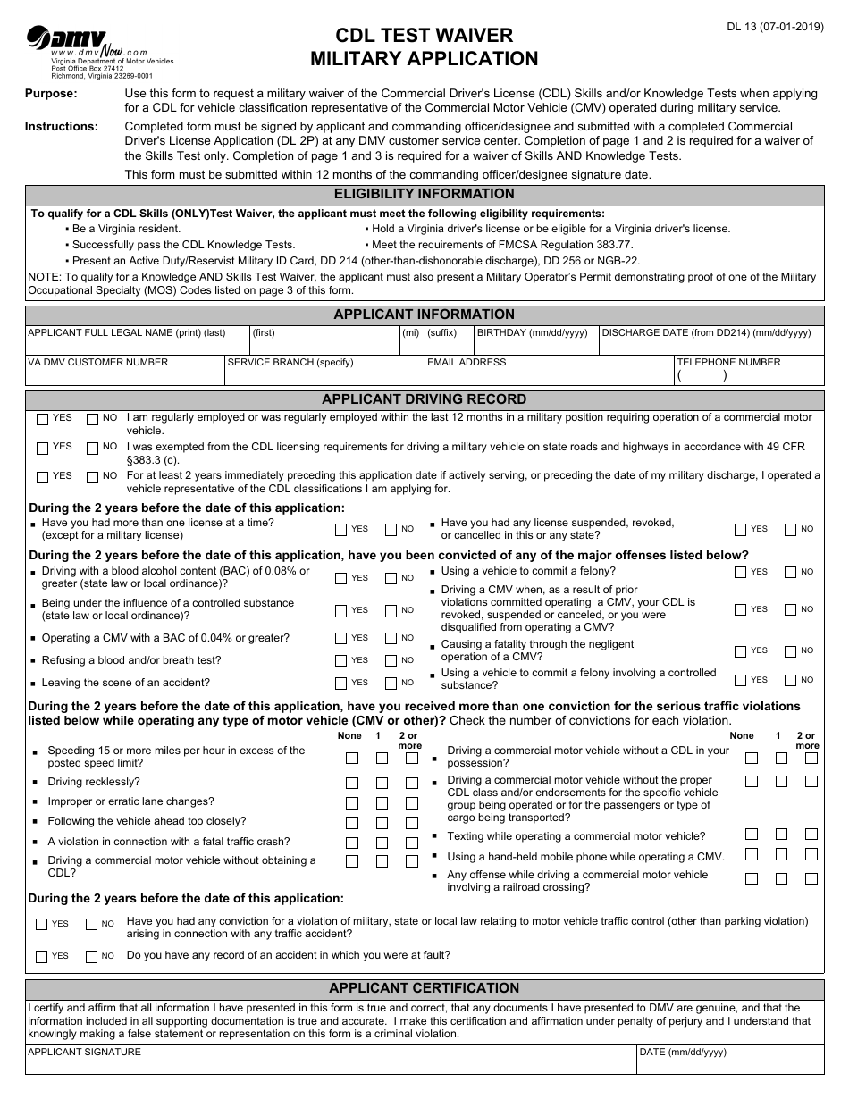 Form DL13 - Fill Out, Sign Online and Download Fillable PDF, Virginia ... Form DL13 - Fill Out, Sign Online and Download Fillable PDF, Virginia ...