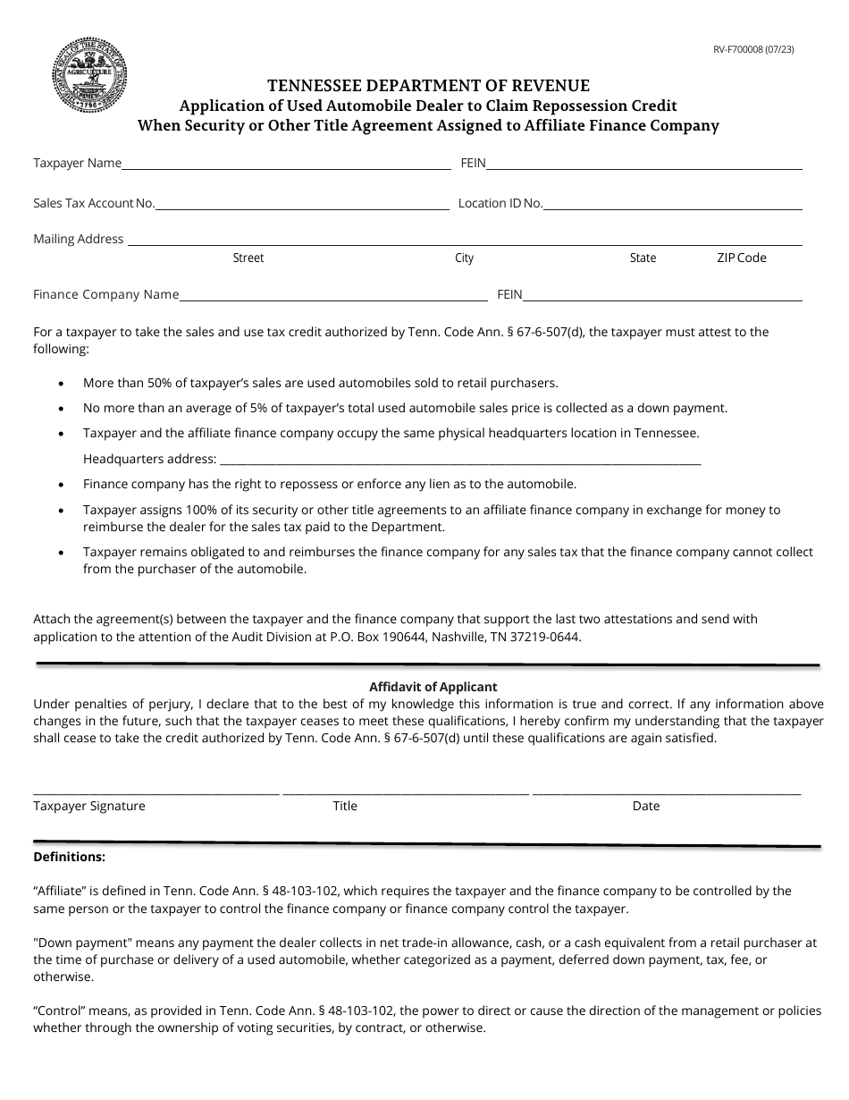 Form RV-F700008 - Fill Out, Sign Online and Download Printable PDF ...