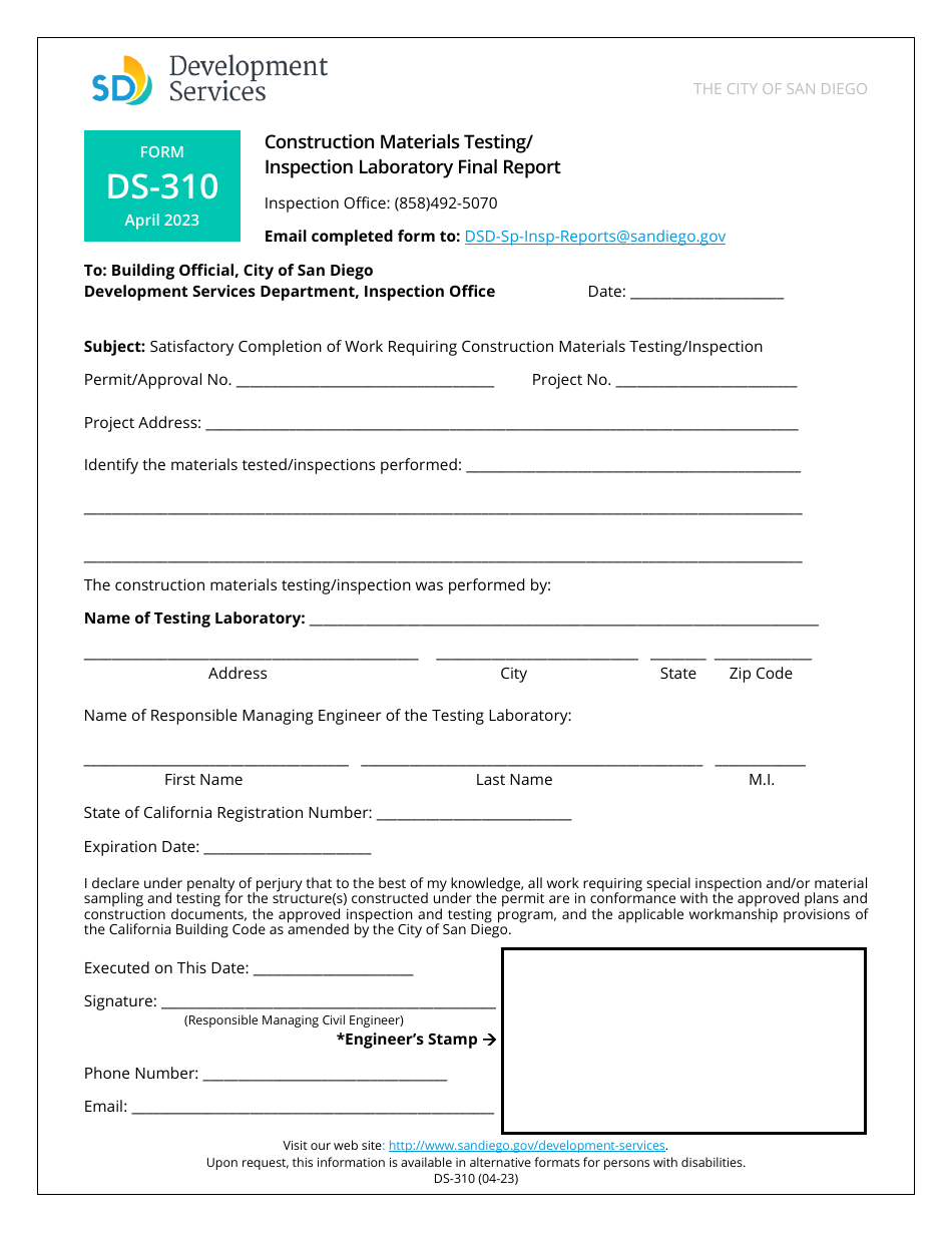 Form DS-310 Download Fillable PDF or Fill Online Construction Materials ...