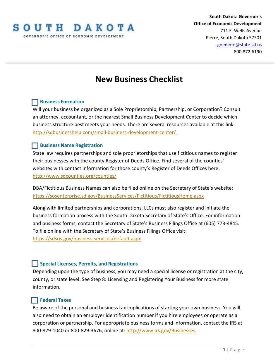 South Dakota New Business Checklist - Fill Out, Sign Online and ...