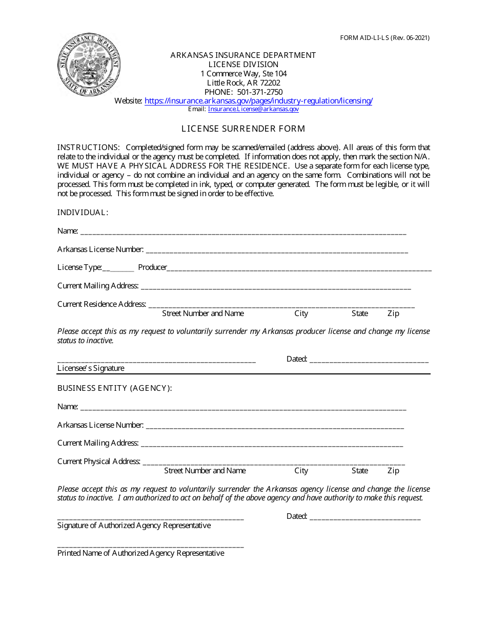 Form AID-LI-LS Download Fillable PDF or Fill Online License Surrender Form, Arkansas ...