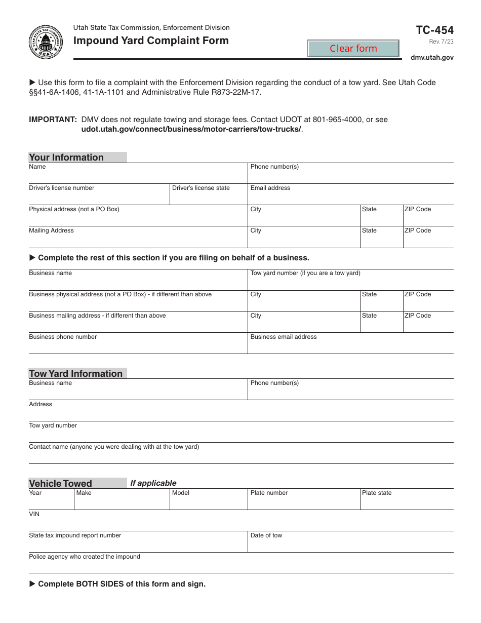 Form TC-454 - Fill Out, Sign Online and Download Fillable PDF, Utah ...