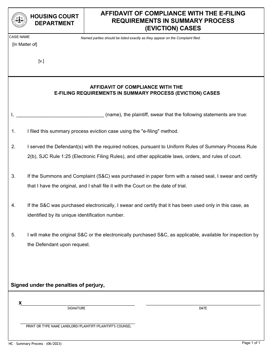 Massachusetts Affidavit of Compliance With the E-Filing Requirements in ...