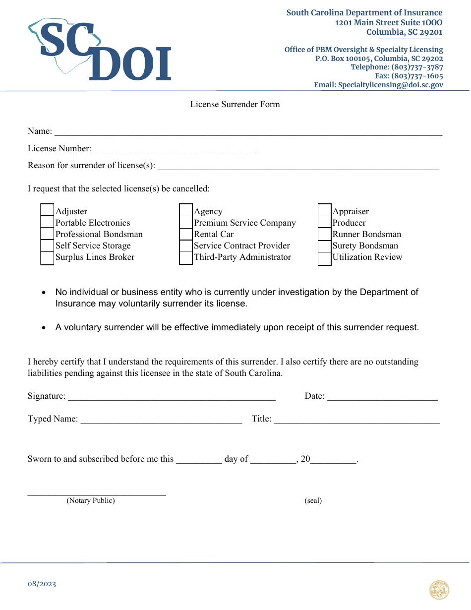 South Carolina License Surrender Form - Fill Out, Sign Online and ...