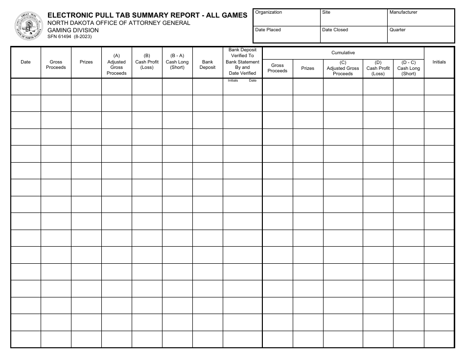 Form SFN61494 Download Fillable PDF or Fill Online Electronic Pull Tab ...