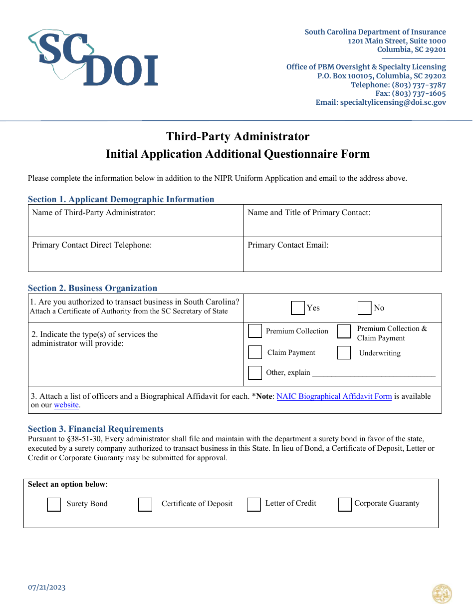 South Carolina Third-Party Administrator Initial Application Additional ...