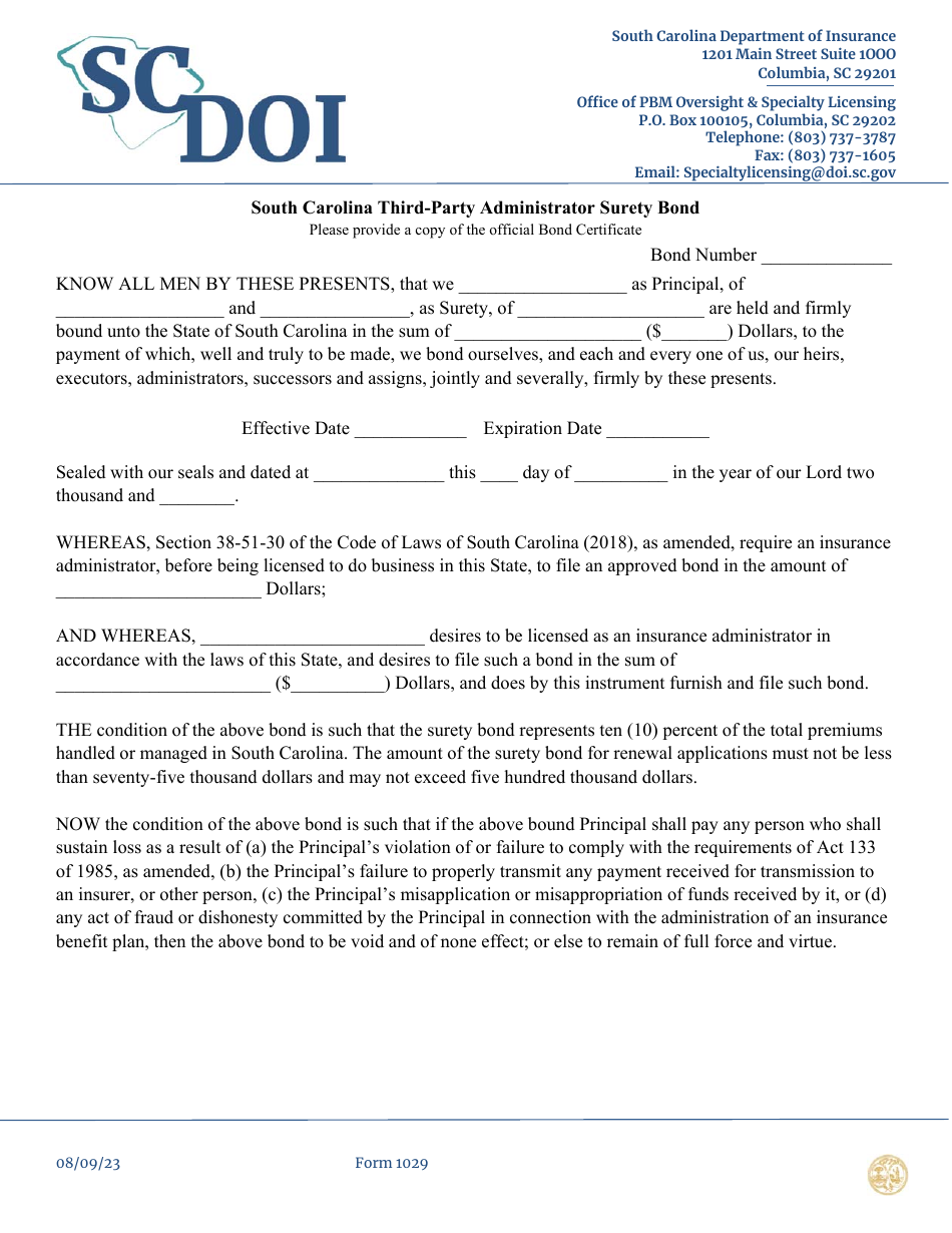 Form 1029 Download Fillable PDF or Fill Online South Carolina Third ...