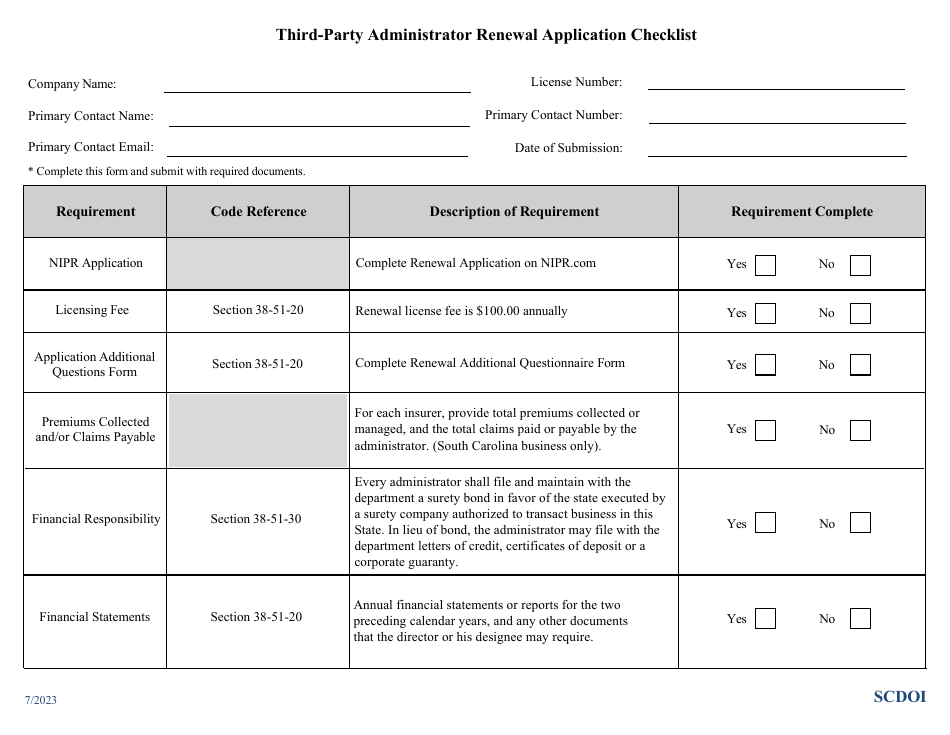 South Carolina Third-Party Administrator Renewal Application Checklist ...