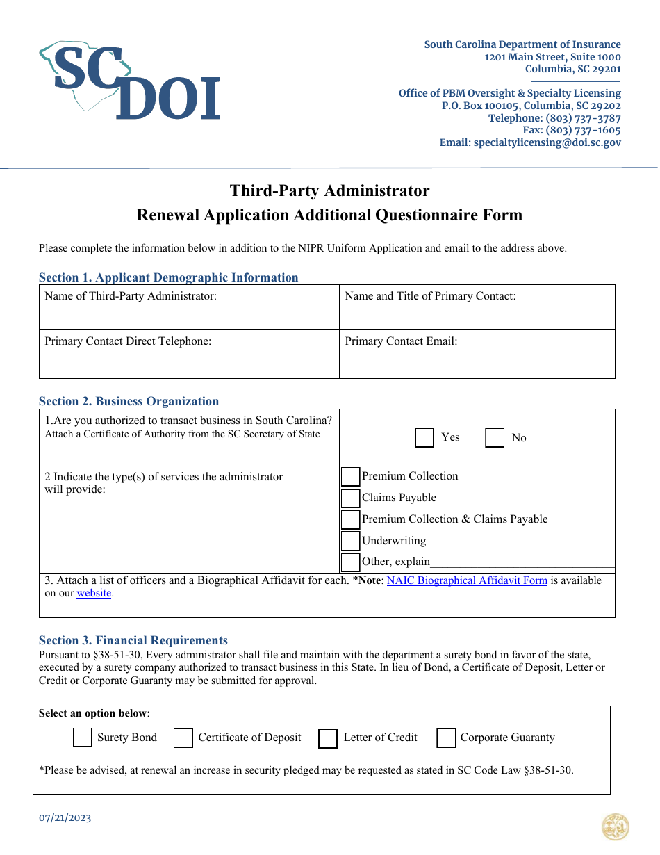South Carolina Third-Party Administrator Renewal Application Additional Questionnaire Form ...