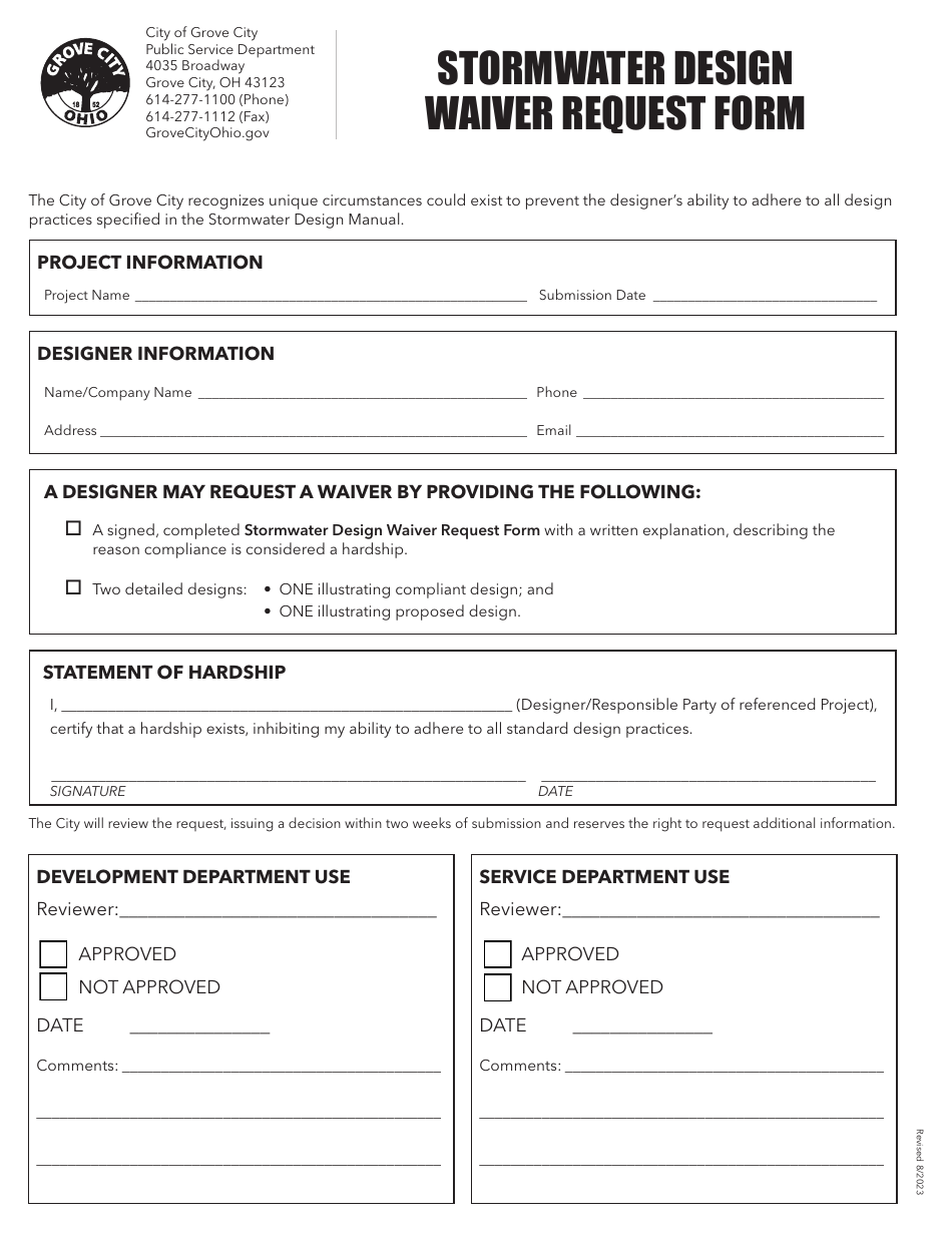 Grove City, Ohio Stormwater Design Waiver Request Form Download ...
