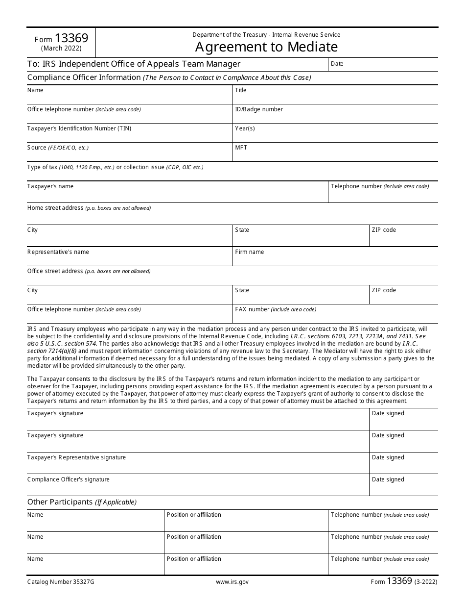 IRS Form 13369 Download Fillable PDF or Fill Online Agreement to ...