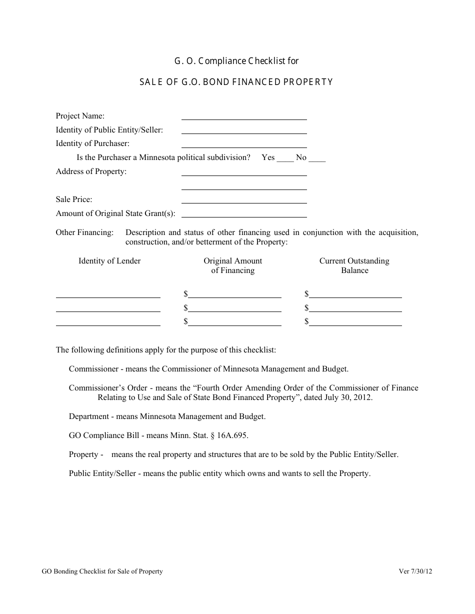 Minnesota G. O. Compliance Checklist for Sale of G.o. Bond Financed ...